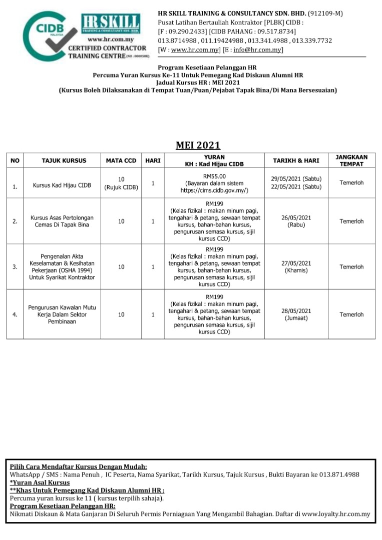 Tarikh kursus bersemuka kad hijau dan ccd CIDB bulan Mei 2021 di Pusat ...